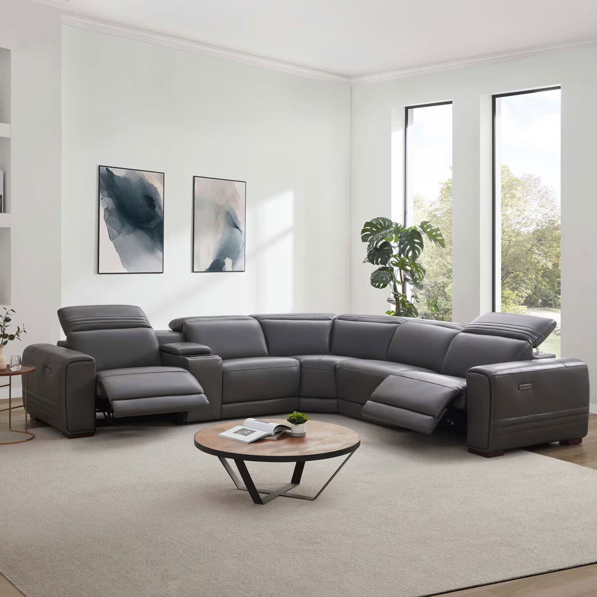 Aiden & Ivy Karson Dark Grey Leather Power Reclining Sectional Sofa ...
